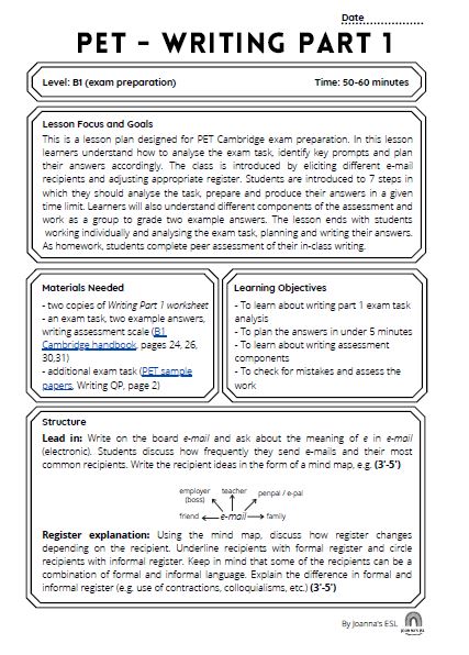 Cambridge PET – Writing Part 1 – JoannaESL