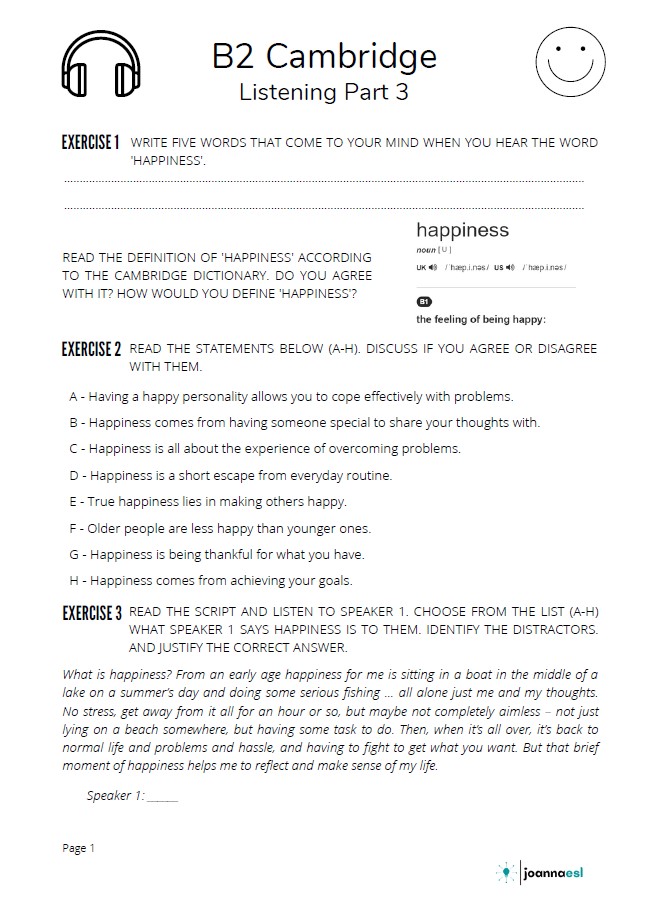 B2 Listening Part 3 – The meaning of happiness – JoannaESL
